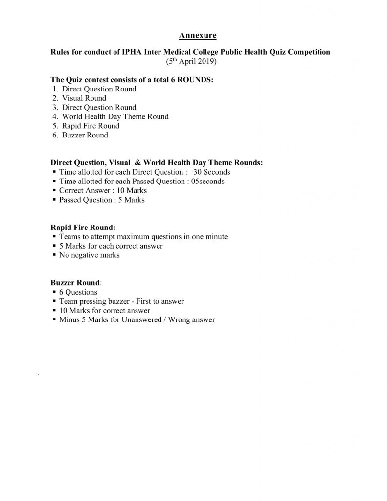 IPHA Inter Medical College Public Health Quiz Competition: 2019″ for ...