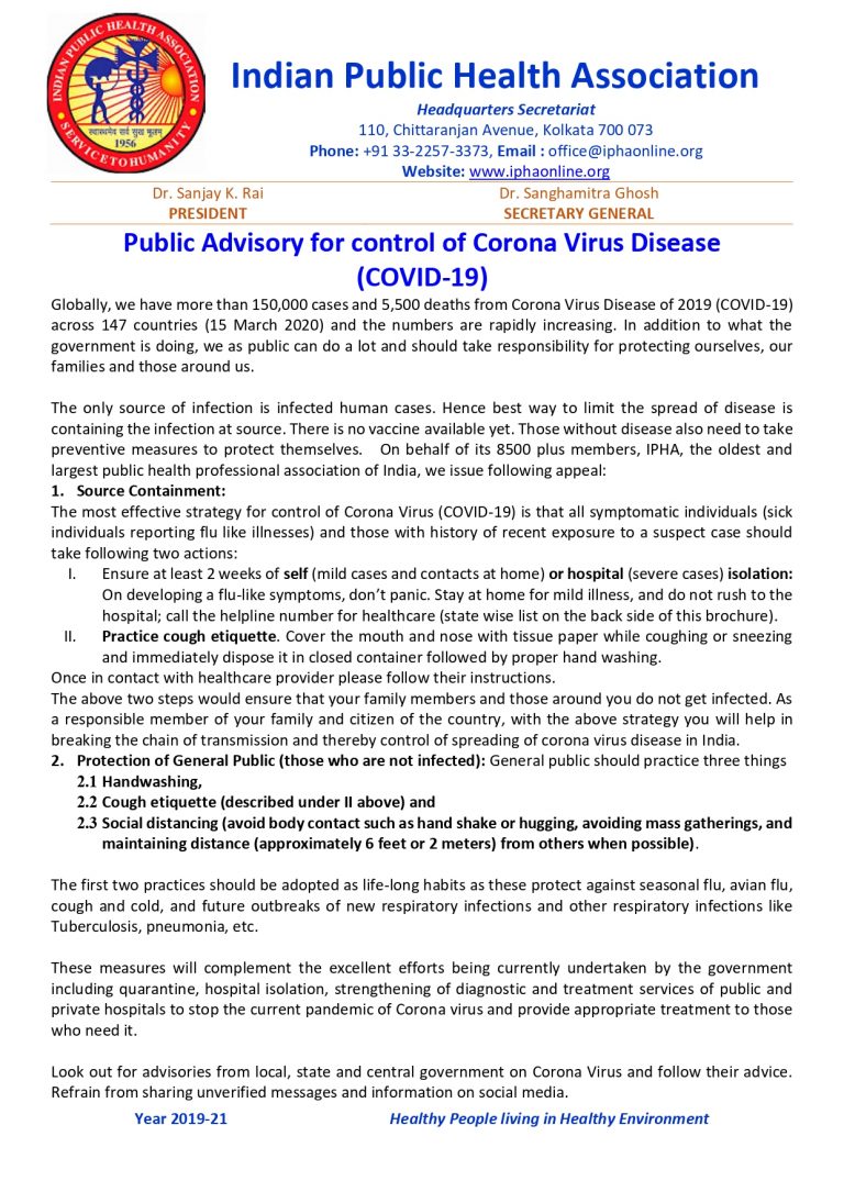 Advisory – COVID 19 – IPHA