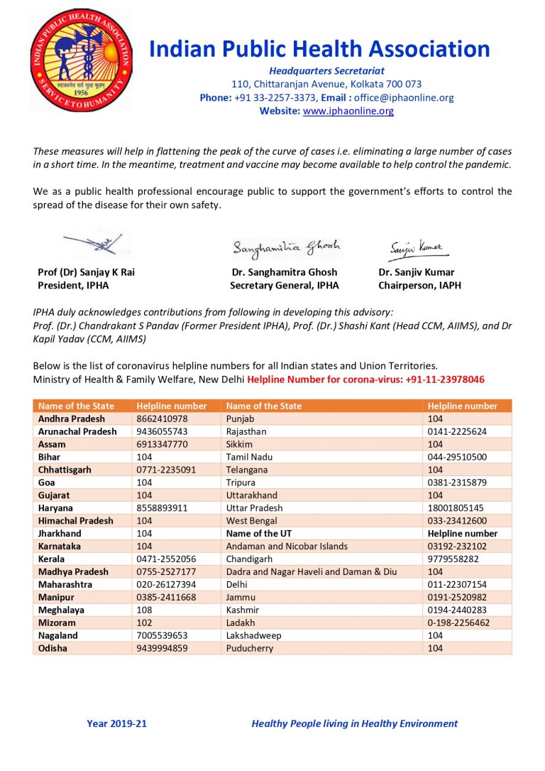 IPHA – Public Advisory for control of Corona Virus Disease – IPHA
